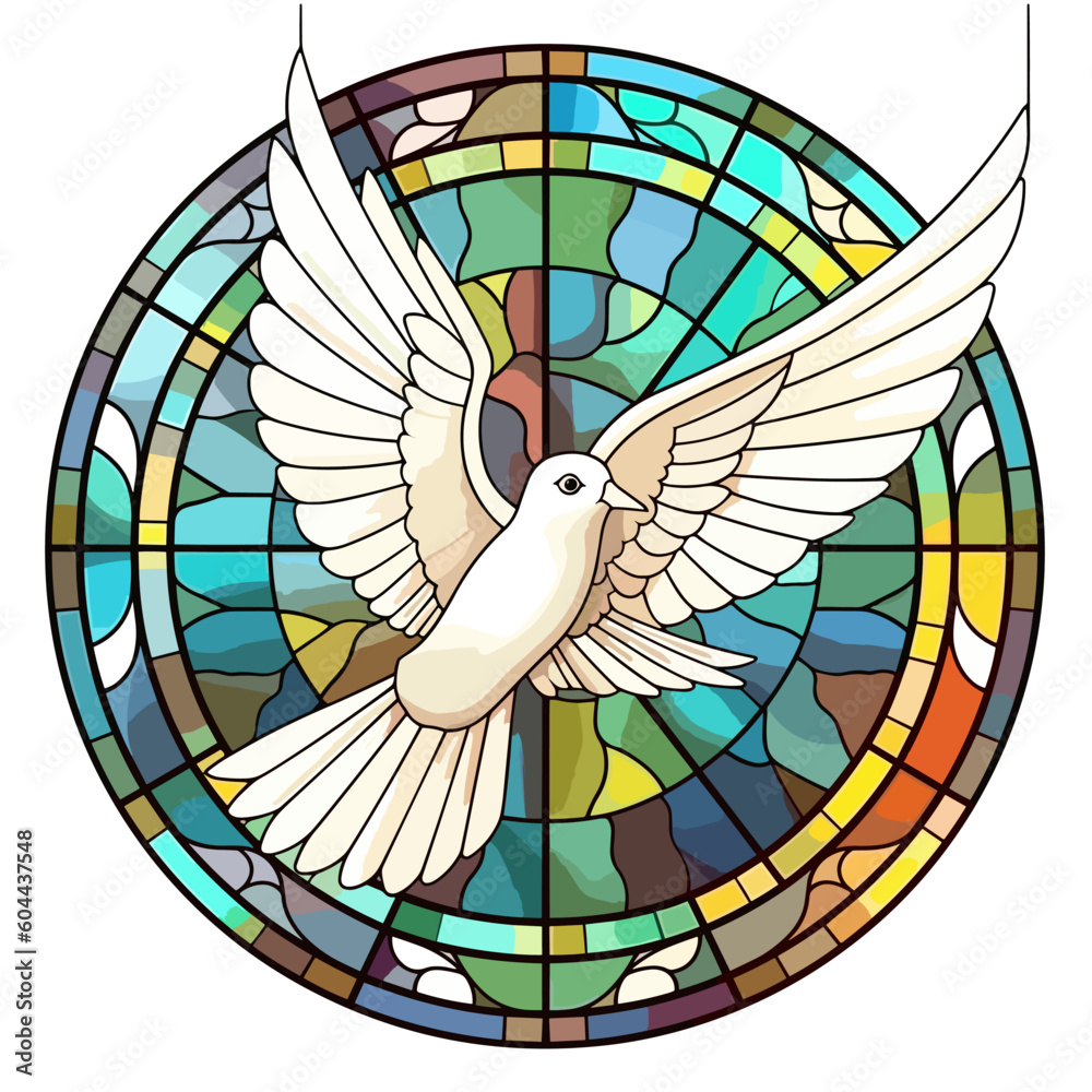White dove flying, church colored window, vector illustration Stock ...