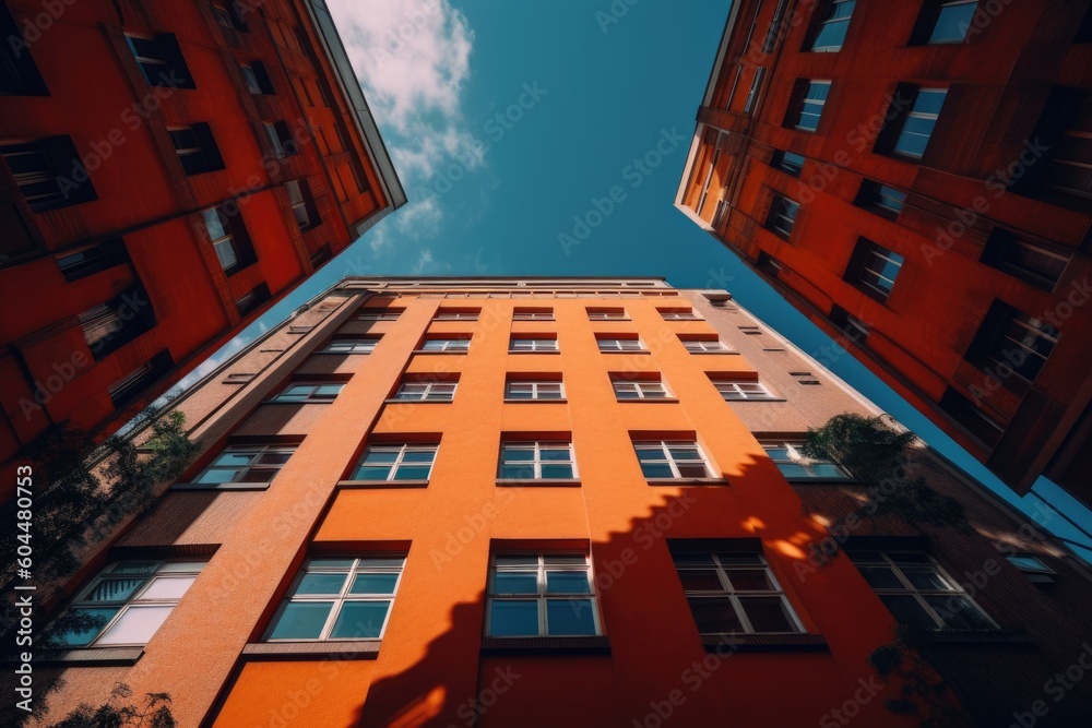 Low angle shot of a unique high rise orange building touching the blue ...