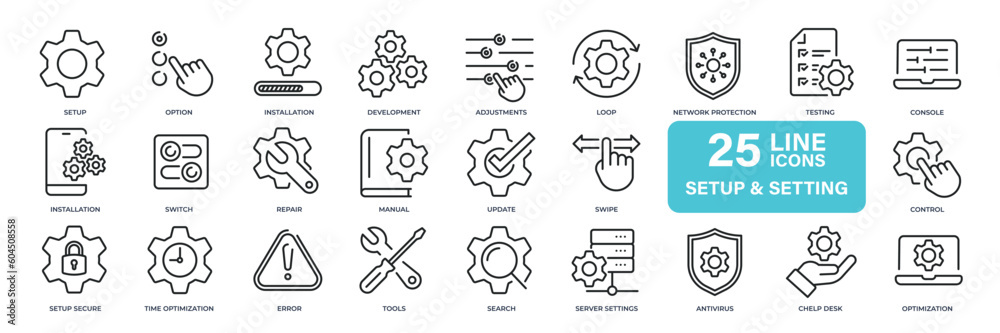 Setup and setting thin line icons. Editable stroke. For website marketing design, logo, app ...