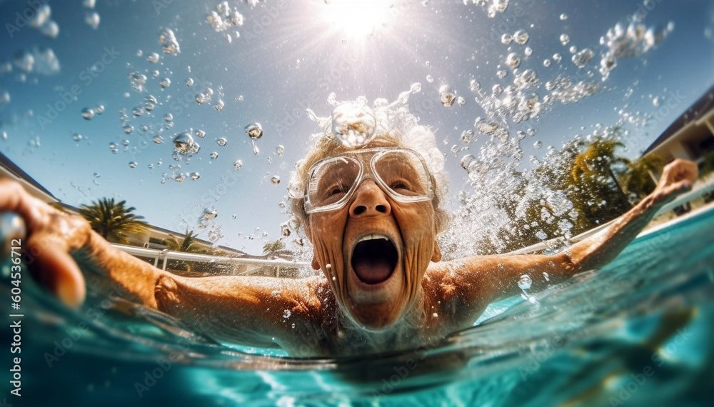 Healthy senior woman swimming under water in public pool, mineral water ...