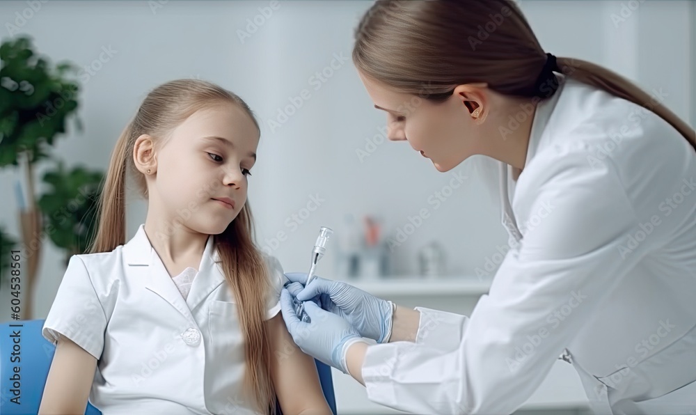 Child receives vaccination from a medical professional. Creating using generative AI tools Stock ...