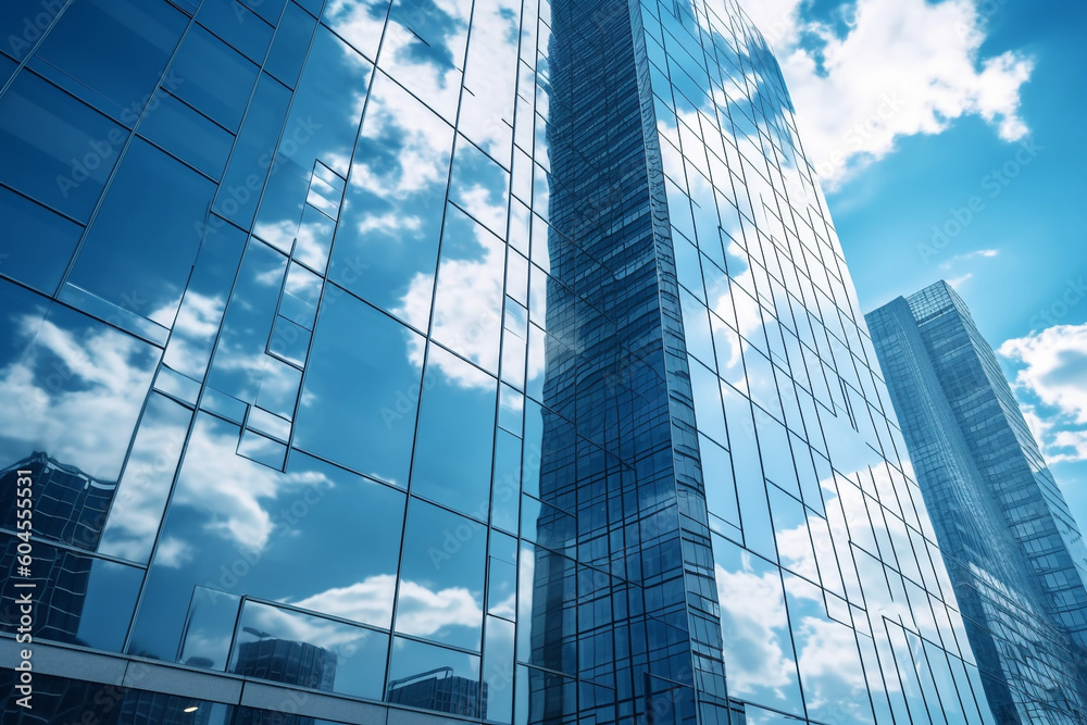 Reflective skyscrapers, business office buildings. Low angle ...