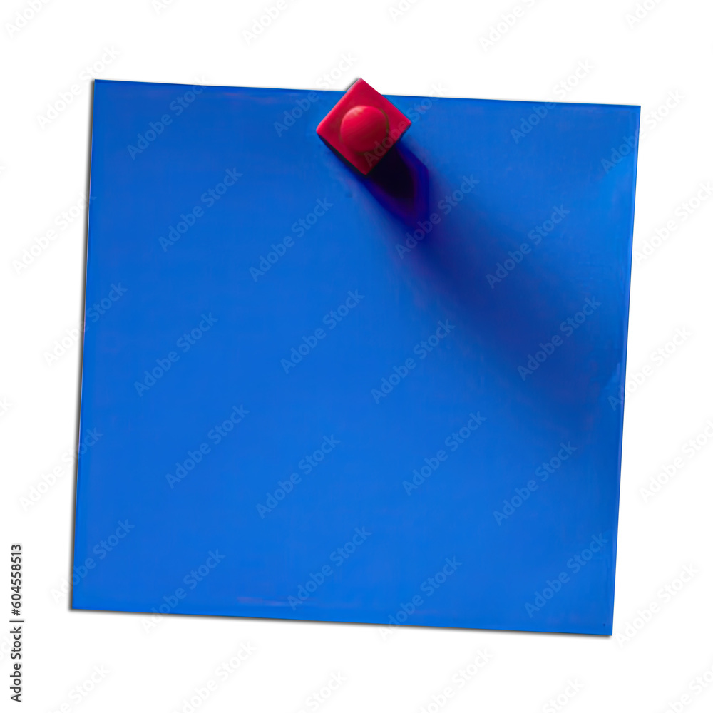 Blank blue sticky note with red push pin or thumbtack isolated on ...