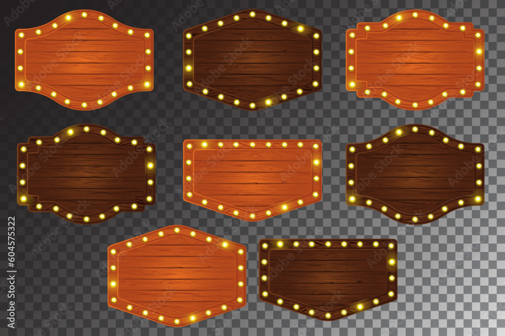 Vektor Retro rustic wooden sign board with bulb light cartoon vector ...