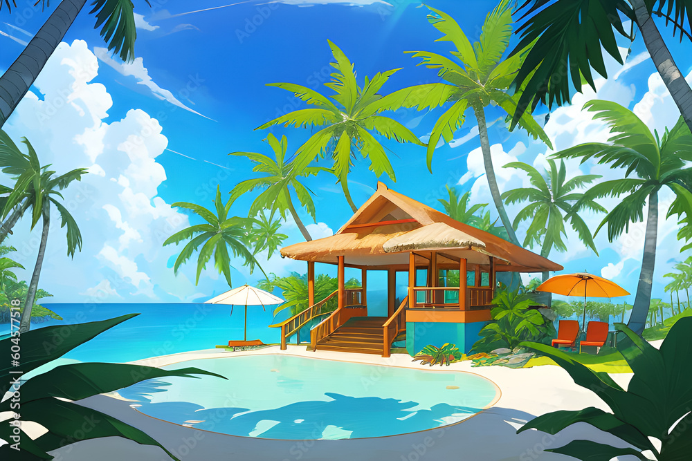 cartoon illustration of tropical island, sea, beach, resort, palm trees ...