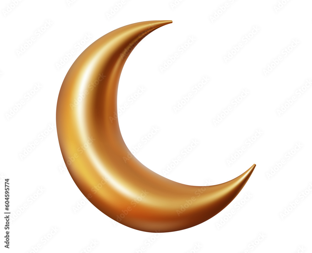 3d golden crescent moon symbol. Yellow metallic moon with light and ...