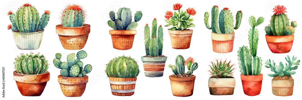 Watercolor set of cactus flowers clip art isolated on white transparent ...