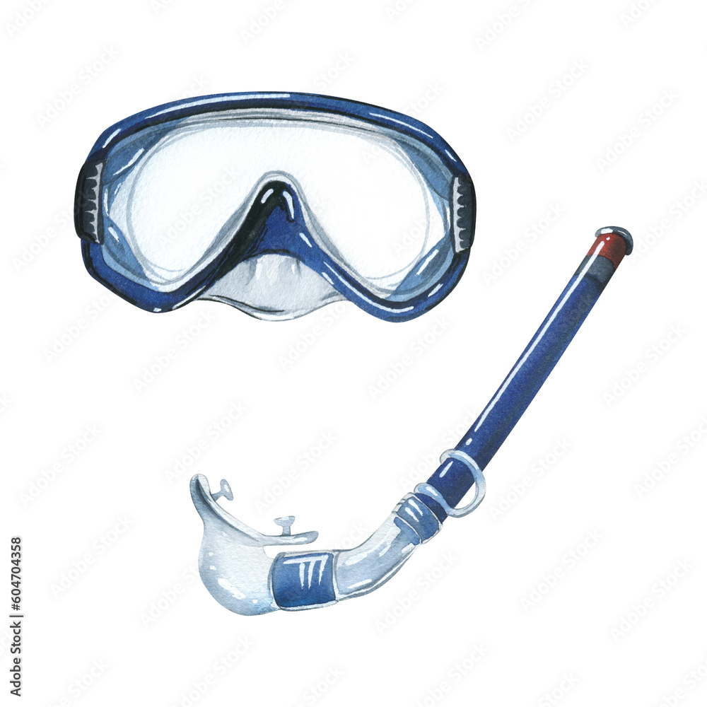 Mask and snorkel for underwater swimming, snorkeling, blue. Watercolor ...
