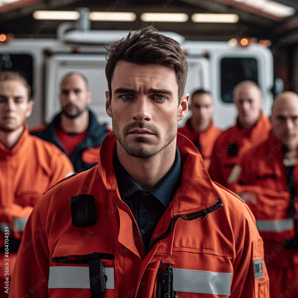 emergency medical service male looking into the camera at the disaster ...