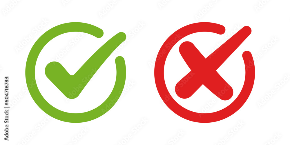 Green check mark and red cross mark in circle. Vector illustration ...