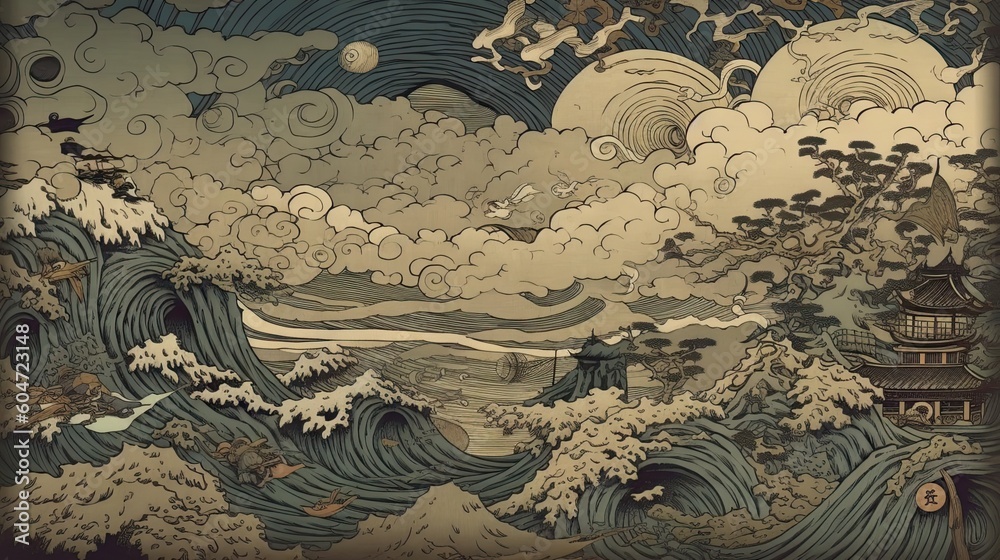 Japanese traditional Ukiyoe green Rough waves and nature adorning old ...
