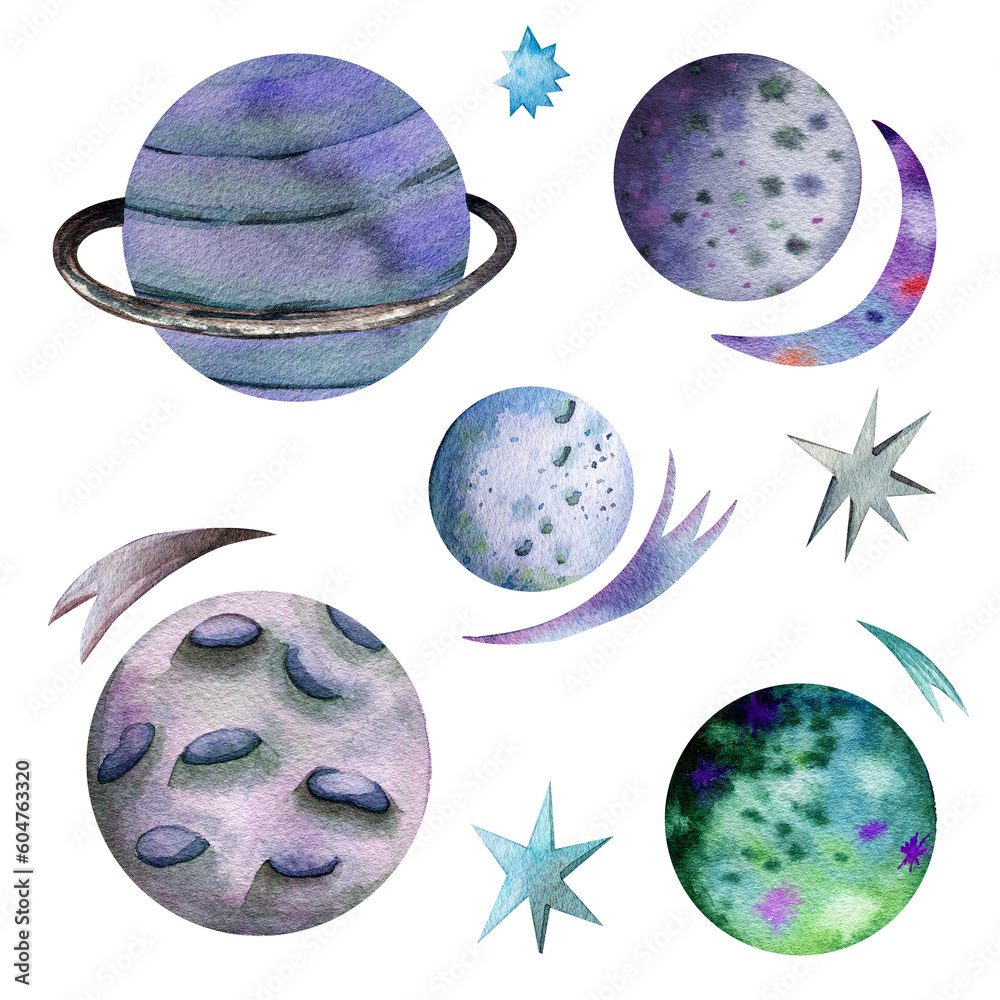 Watercolor illustration. Hand drawn planets, stars, meteorites isolated ...