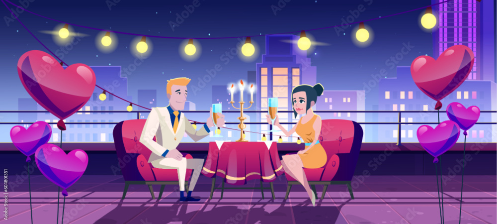 Romantic dinner date at night on city roof terrace cartoon illustration ...