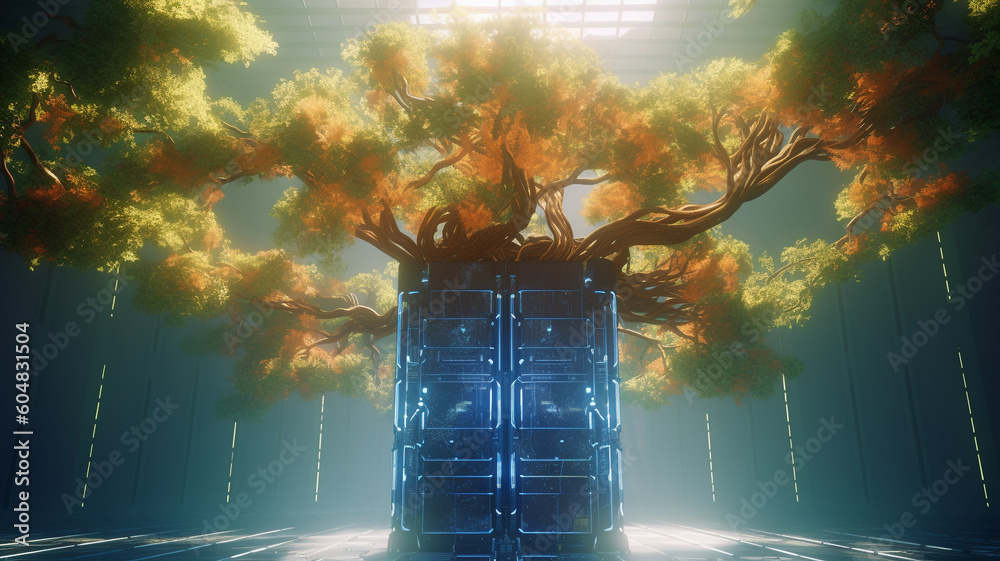 Server Room with futuristic Server and Tree in Background Illustrating ...