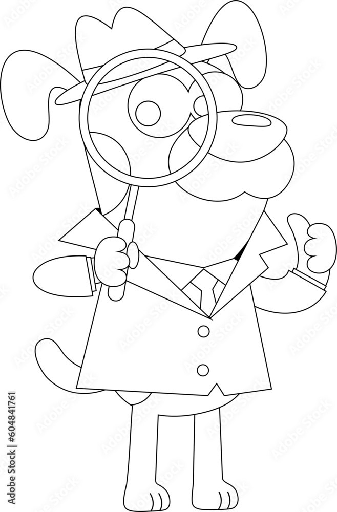 Outlined Detective Dog Cartoon Character Holding A Magnifying Glass ...