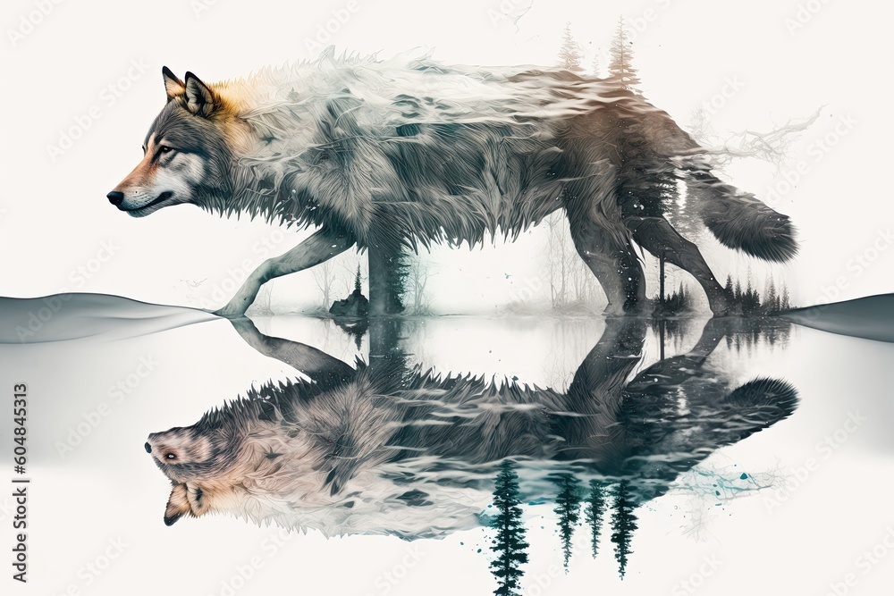 double-exposure of wolf swimming in river, with the water flowing and ...