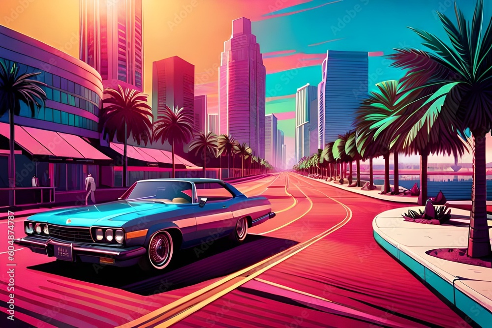 80s Vice city synthwave Miami landscape, vibrant color lines, aesthetic ...
