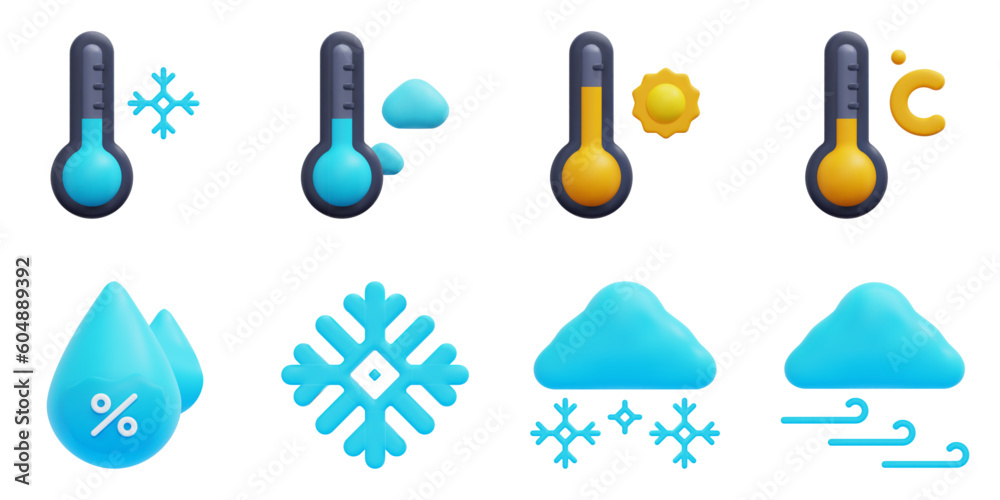 Weather 3d vector icon set. Cold, cool, heat, temperature, humidity ...
