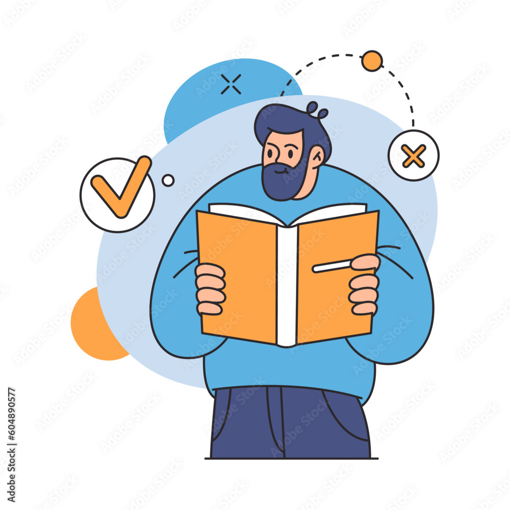 Man reading book with check tick mark and cross negativity sign ...