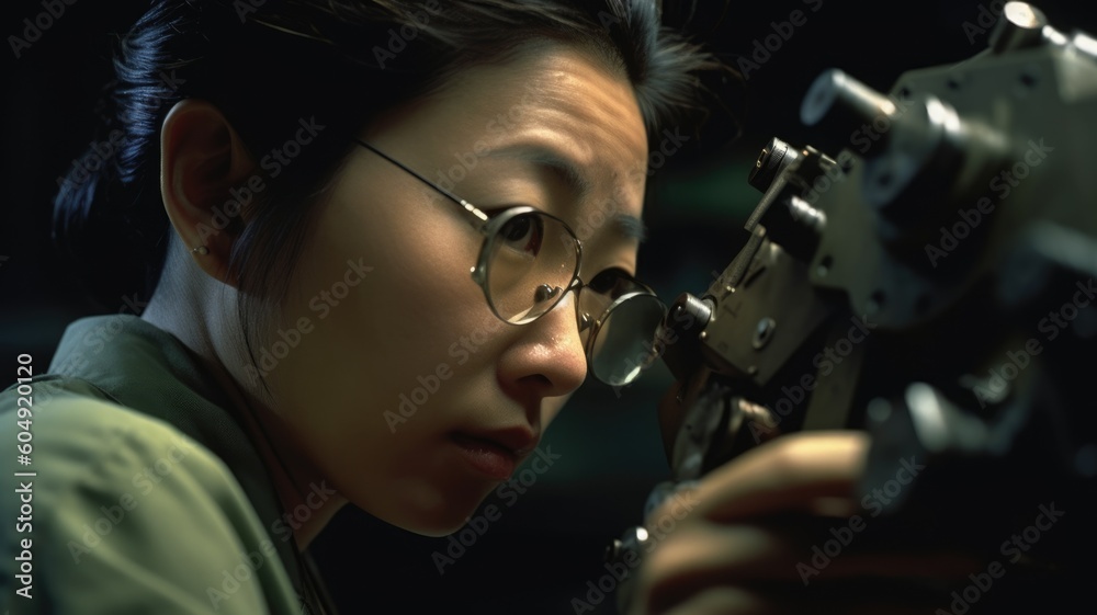 Machinist Female Asian Middle-Aged Operating machine tools in a ...