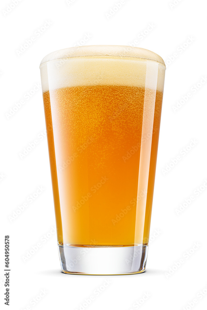 Shaker pint of fresh yellow wheat unfiltered beer with cap of foam ...