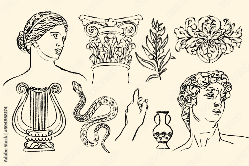 Ancient sketch drawings - statues, bust, pillar, amphora, column ...