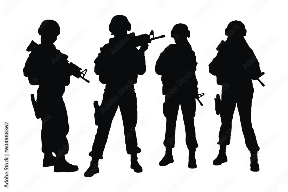 Female soldiers standing with assault rifles silhouette collection ...