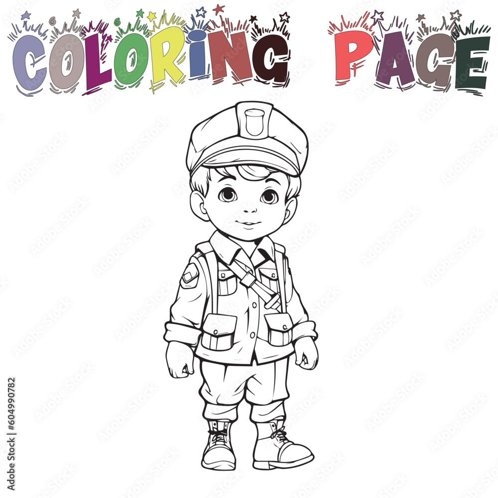 Vector de Stock Kid Wear Sergeant Police Uniform For Coloring Book Or ...