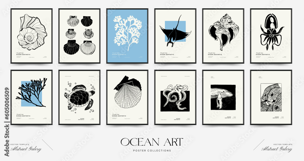 Abstract ocean and sea posters template. Modern sea Botanical trendy ...