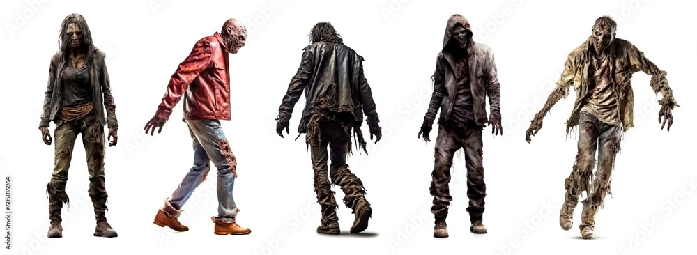 Set of zombie man isolated on white background. 3D rendering. Full view ...
