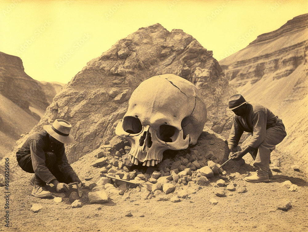 Giant human skull archeological excavation discovery site set in the ...