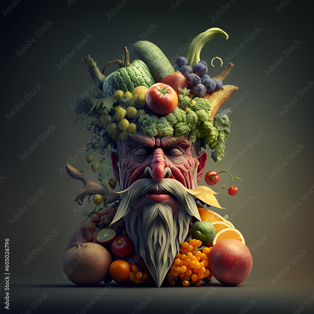 Ai surreal picture of a male human body made up of fruits and ...