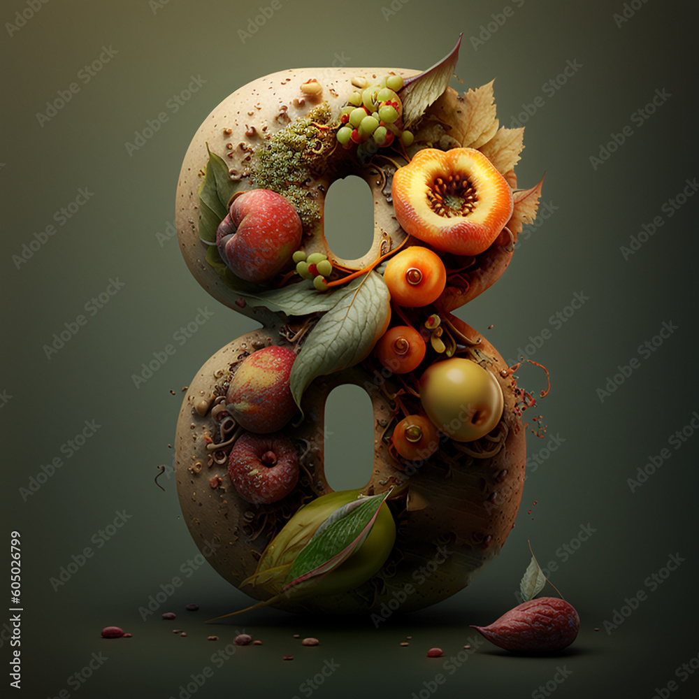 Ilustração Ai generated number eight made of fruits and vegetables. 3D ...