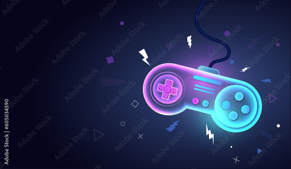 Game logo banner. Neon joystick, controller or gamepad. Arcade and ...