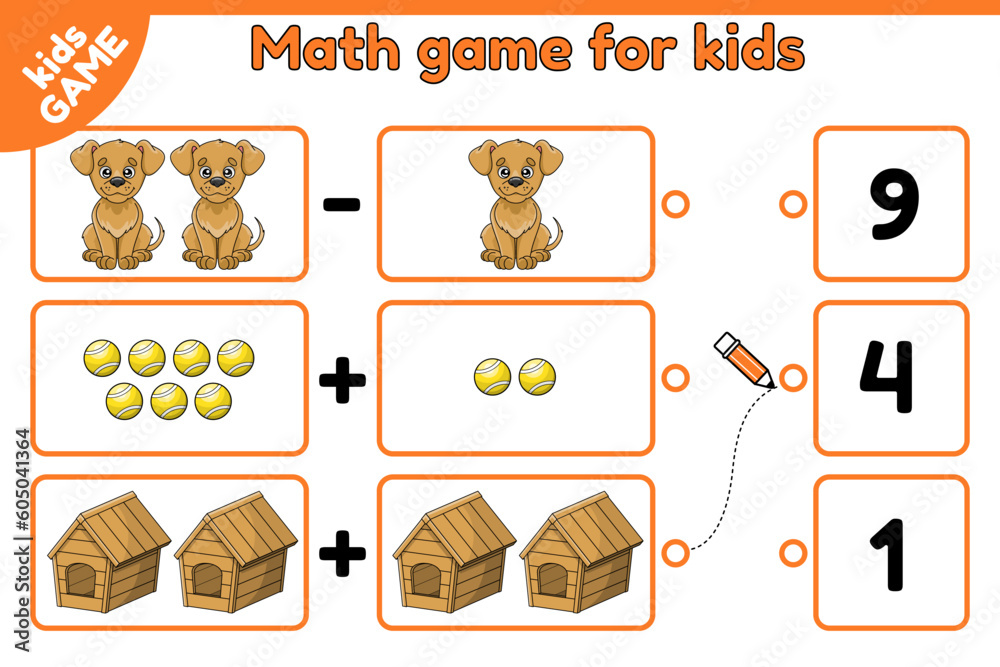 Math educational game for children. Addition and subtraction. Count and ...