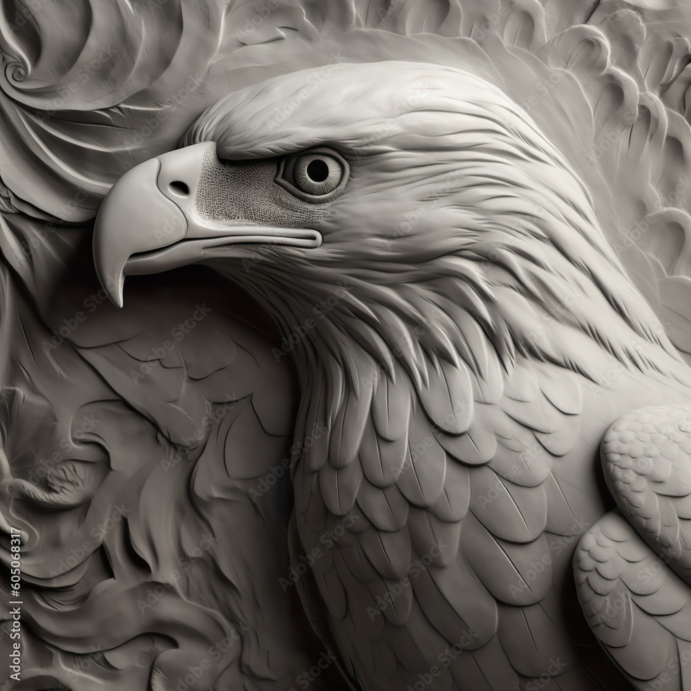 Close up eagle sculpted in low relief in shades of gray. Grayscale bas relief of an eagle. Stone ...