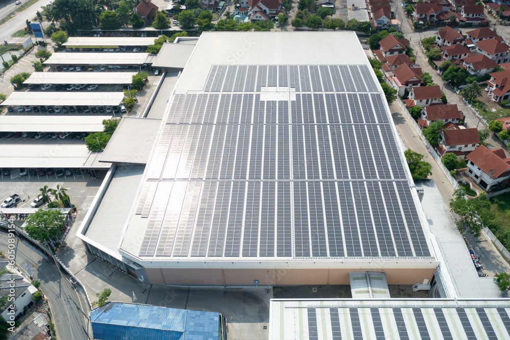 Eco building, shopping center in aerial view. Solar cell or ...
