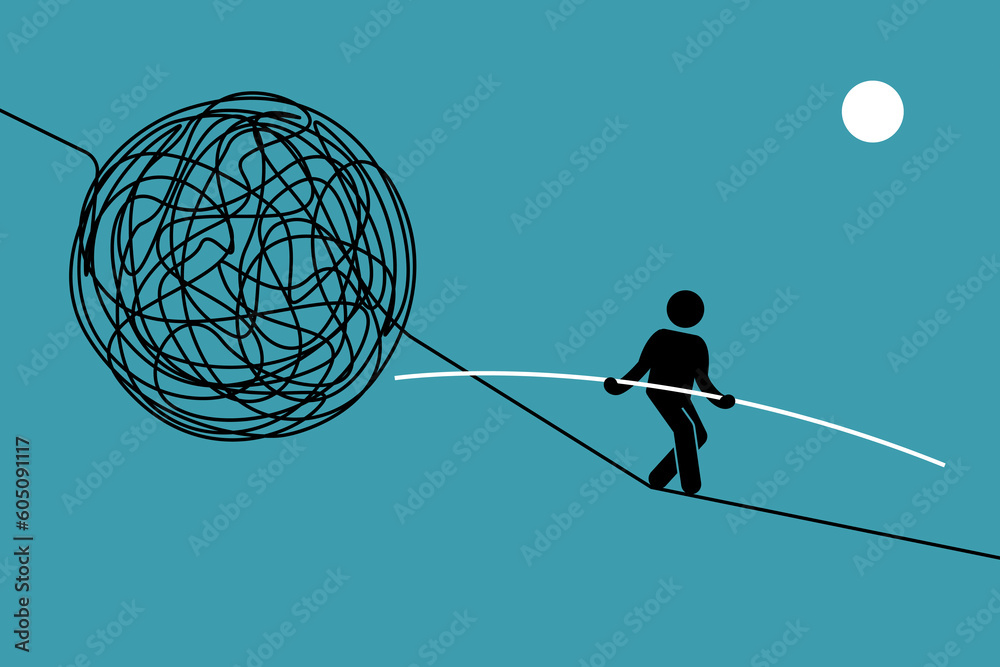 Person successfully walk over a chaotic and dangerous tightrope ...