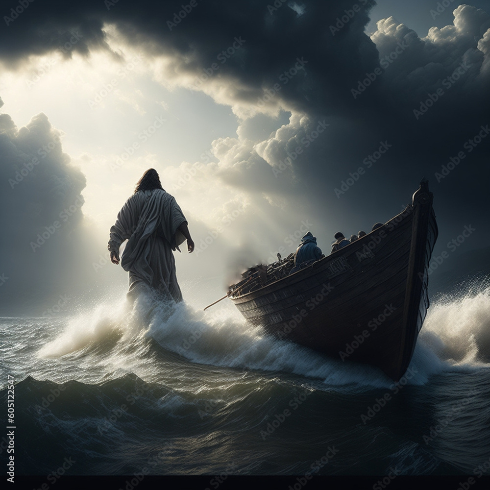 Jesus Christ walking on water toward a fishing boat on the Sea of ...
