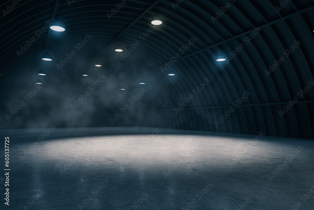 Perspective view dark smokey garage interior with spotlight and ...