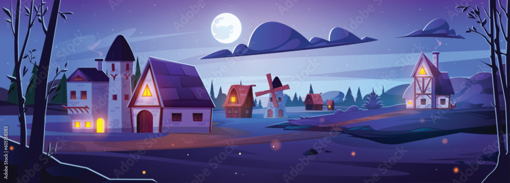 Countryside landscape with fields, village houses, trees and moon in ...