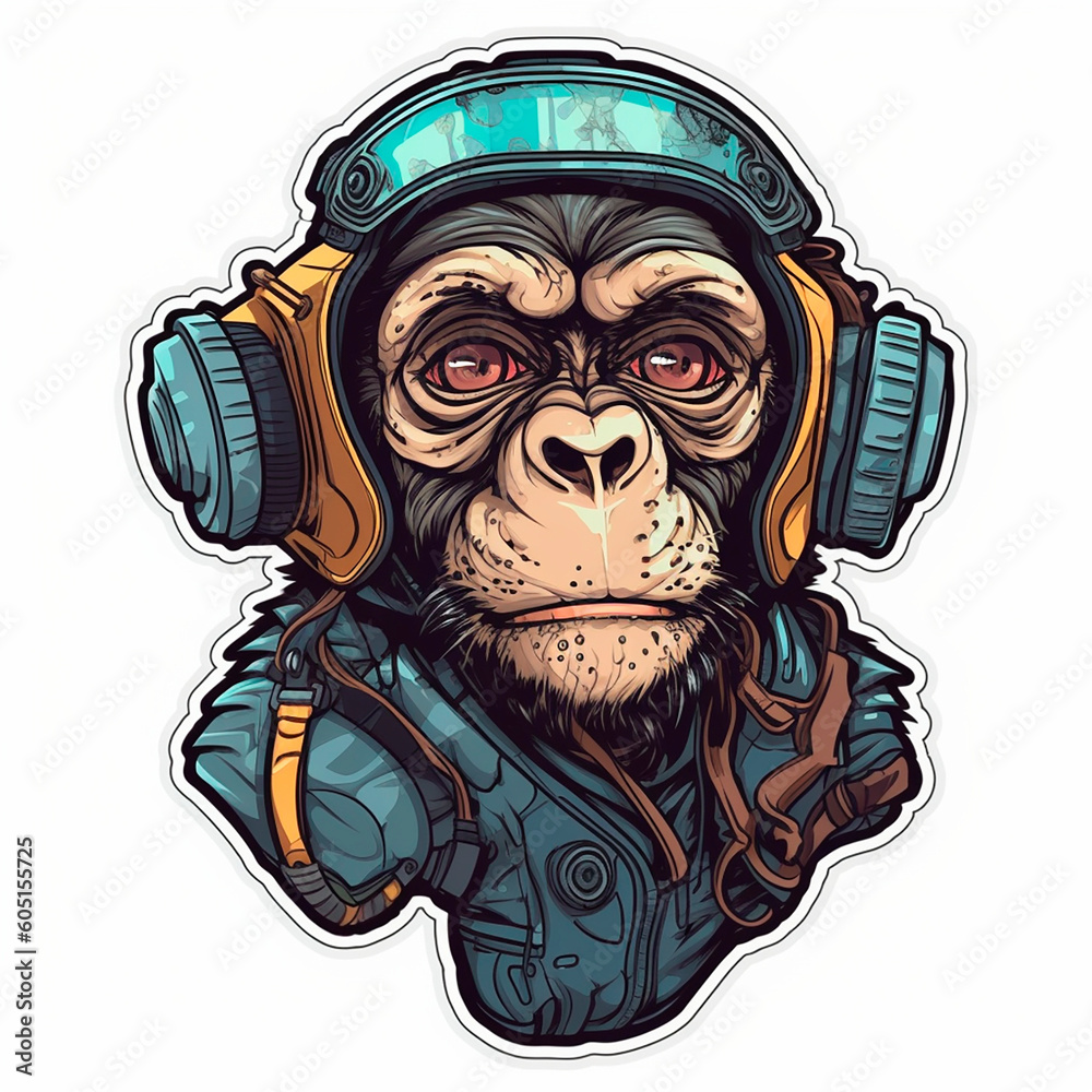 monkey head 2d cartoon logo listening to music in headphones created ...