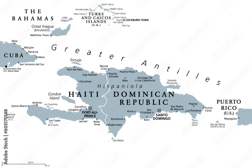 Hispaniola and surroundings, gray political map. Caribbean island ...