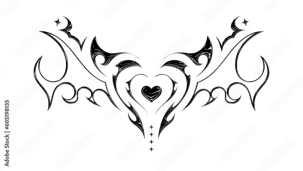 Succubus womb tattoo. Demon heart sigil, 3D chrome metal in triball ...