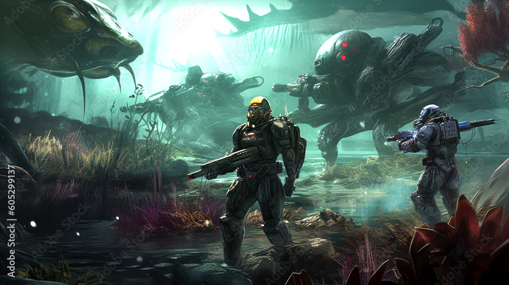 imaginary animated scene battle between monster and warriors. monster ...