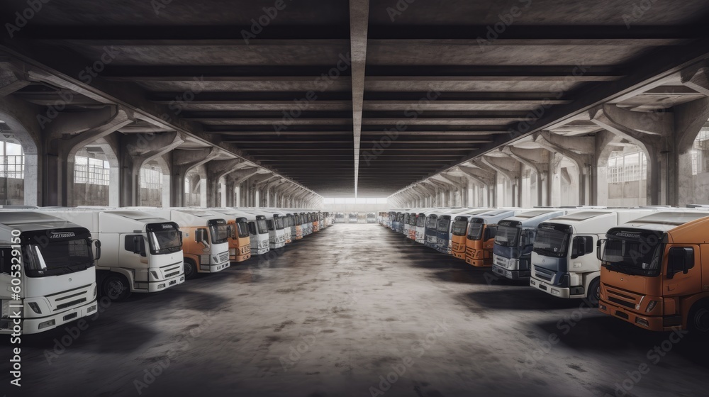 Logistics hall center with electric vehicle fleet charging. Unloading ...