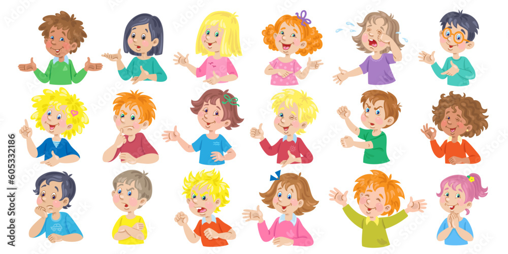 Big set of children of different nationalities with various emotions ...