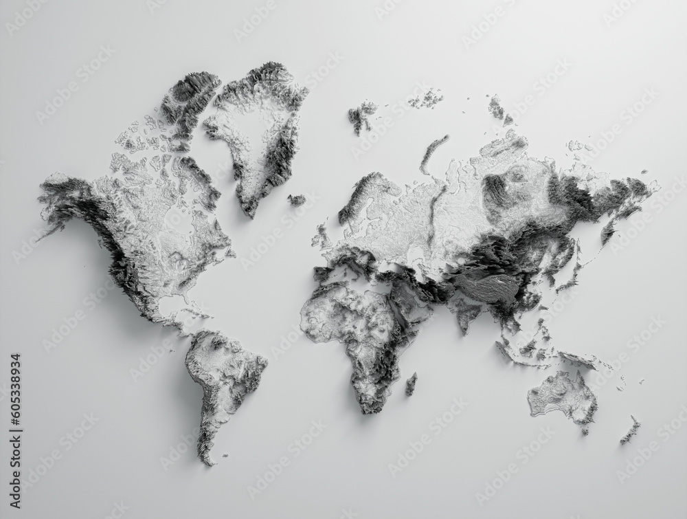 3d World Map Black And White Shaded Relief Hypsometric Map On White ...
