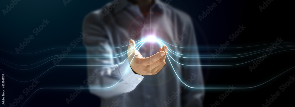 Source of connection lines in man's palm. Innovation and future in ...