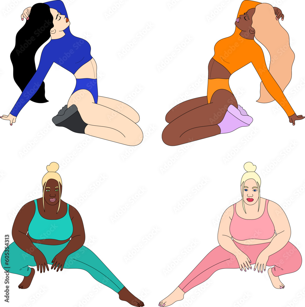 illustration model plus size pose model pose sitting back afro girls in ...